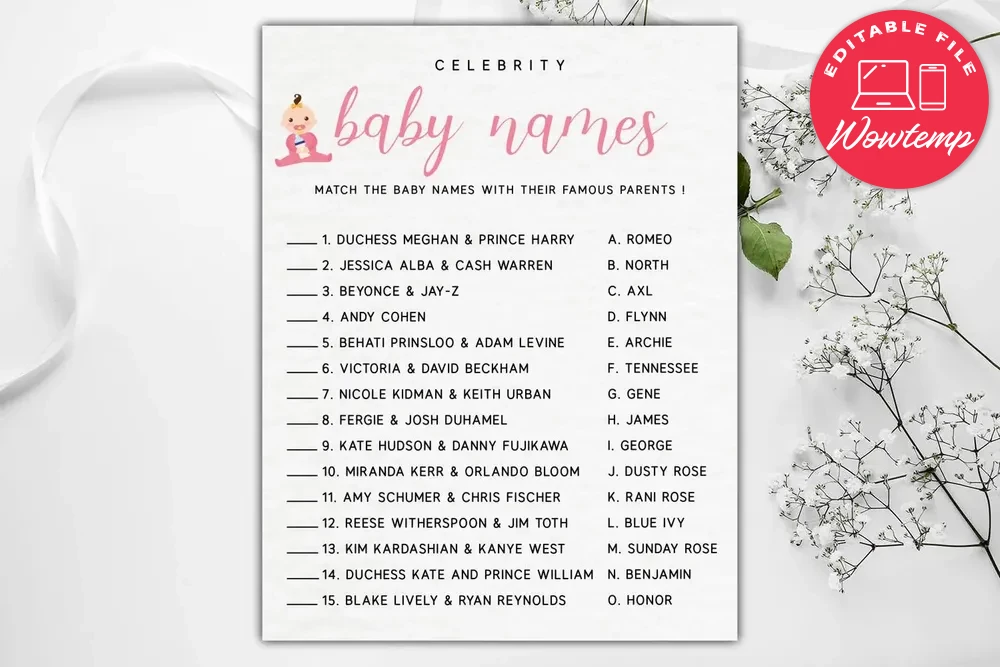 Editable Celebrity Baby Names Baby Girl Baby Shower Game DIY | Wowtemp