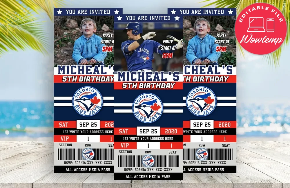 Editable Toronto Blue Jays Birthday Ticket Party Invitations | Wowtemp