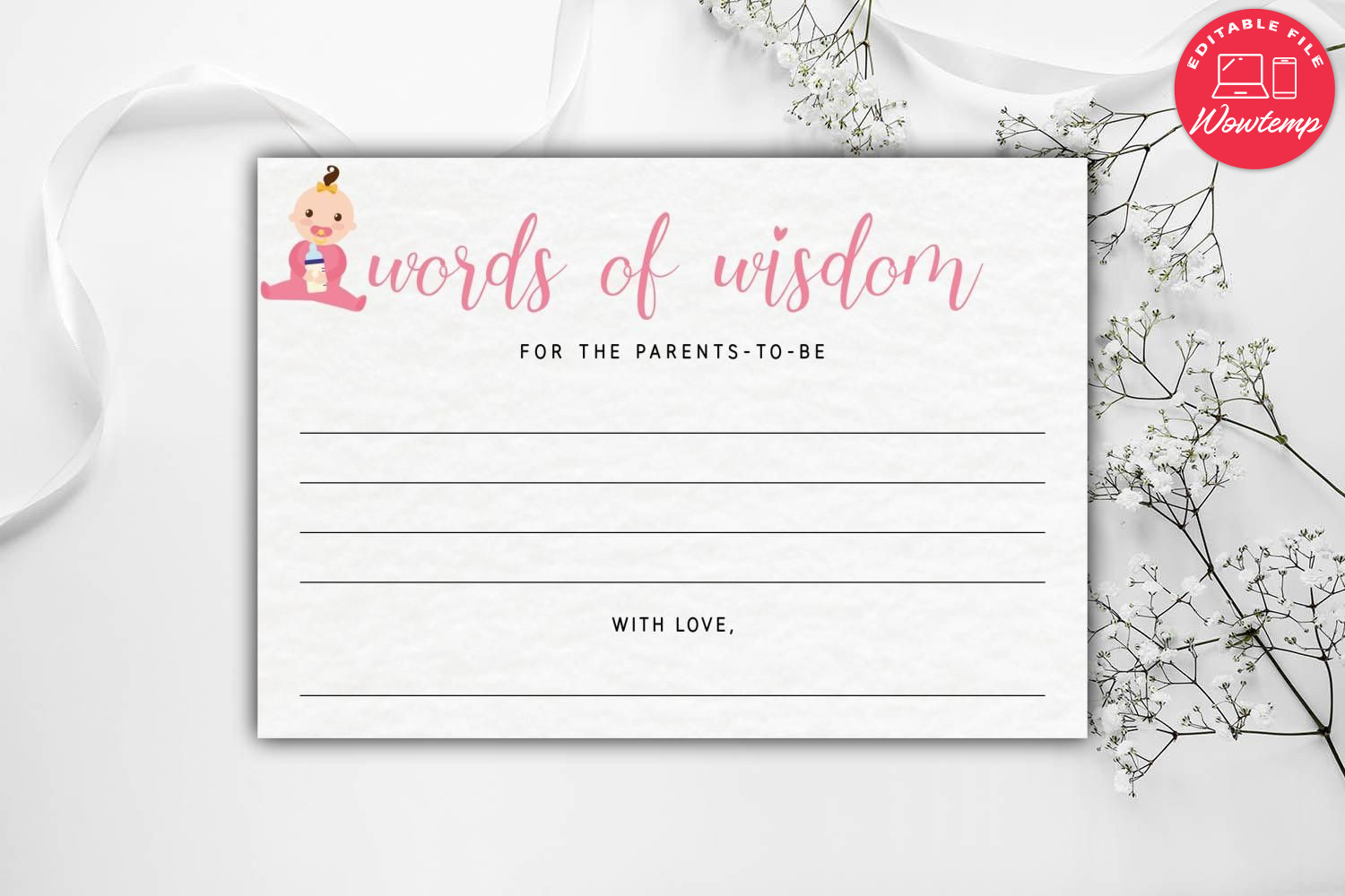Editable Words of Wisdom for Parents Baby Girl Baby Shower Cards | Wowtemp