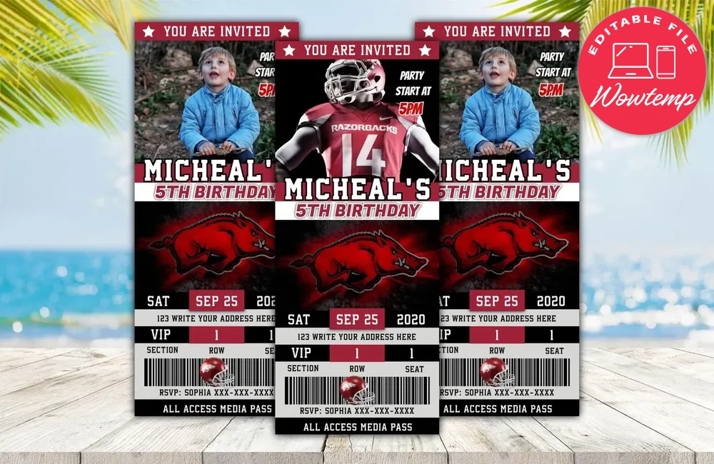 Editable Arkansas Razorbacks Birthday Ticket Invitations DIY | Wowtemp