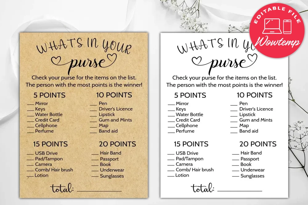 Printable Whats In Your Purse Baby Shower Game Instant Download | Wowtemp