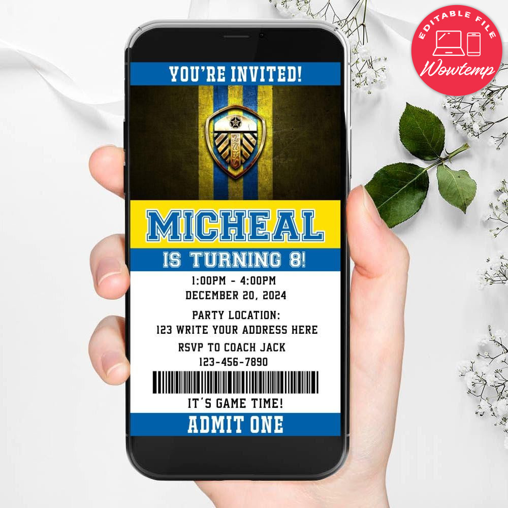 Leeds united Mobile Invite Customizable Template Instant Download | Wowtemp