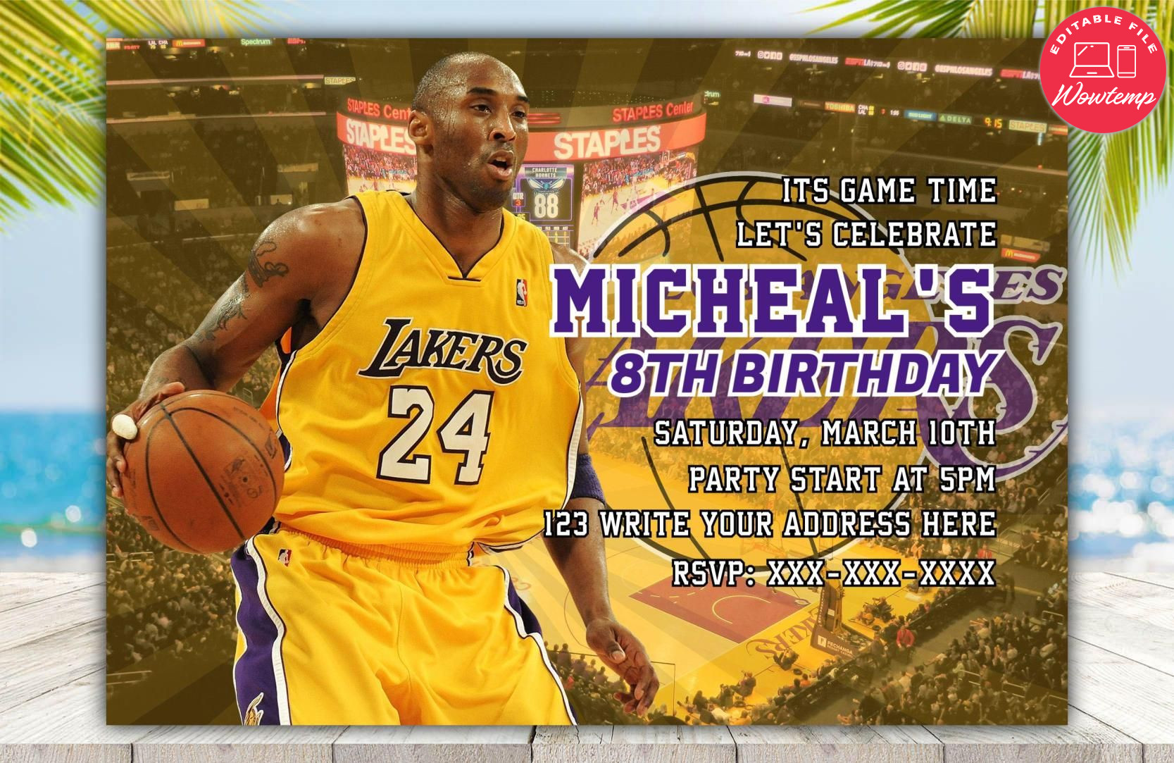 Editable Kobe Bryant Los Angeles Lakers Digital Party Invitations | Wowtemp