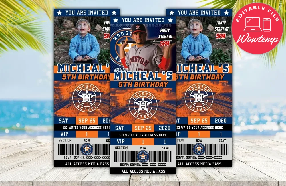 Editable Houston Astros Birthday Ticket Party Invitations | Wowtemp