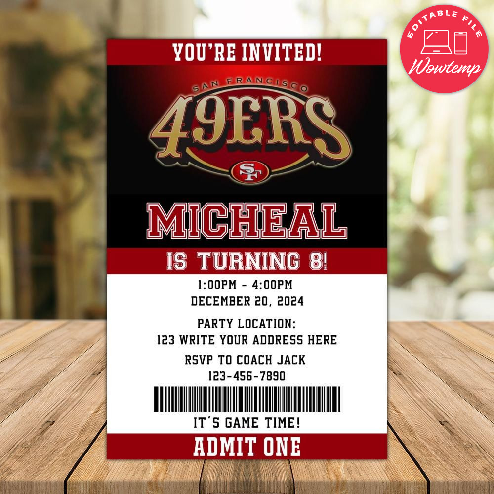 San Francisco 49ers Birthday Invitation Instant Download | Wowtemp