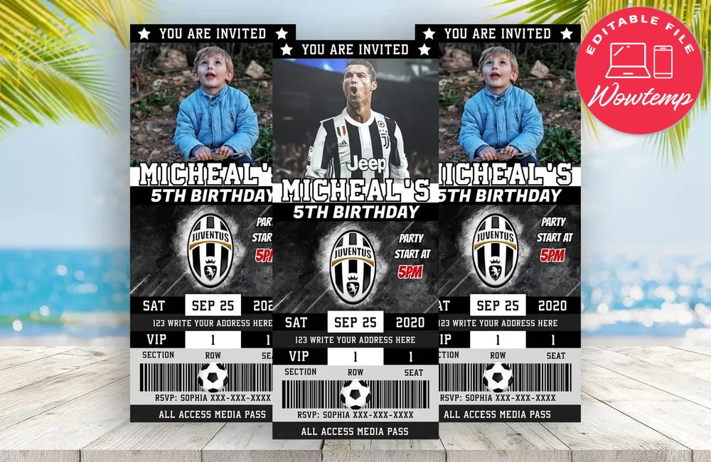 Editable Cristiano Ronaldo Juventus Birthday Ticket Invitation | Wowtemp