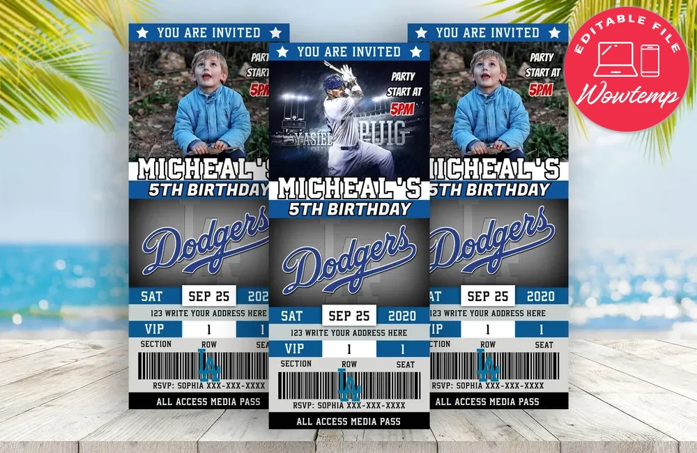 Editable Los Angeles Dodgers Birthday Ticket Party Invitations | Wowtemp