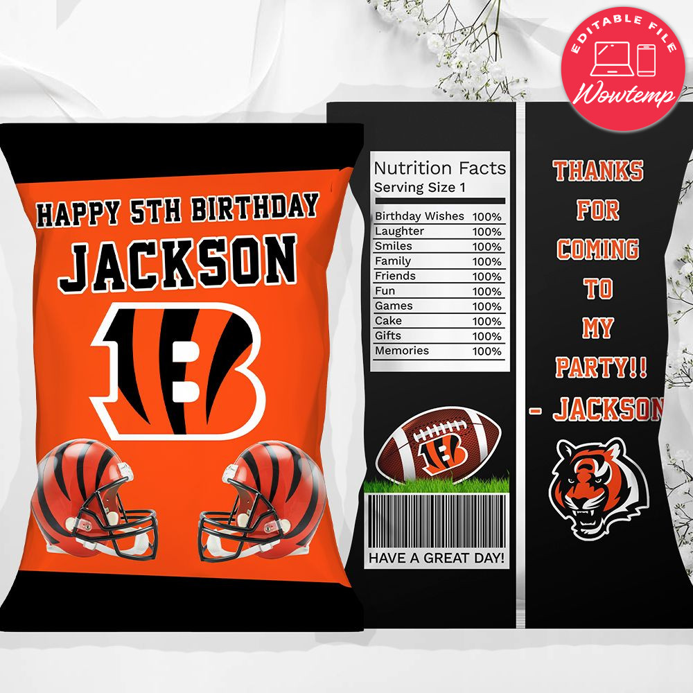 Printable Cincinnati Bengals Birthday Chip Bags Instant Download | Wowtemp