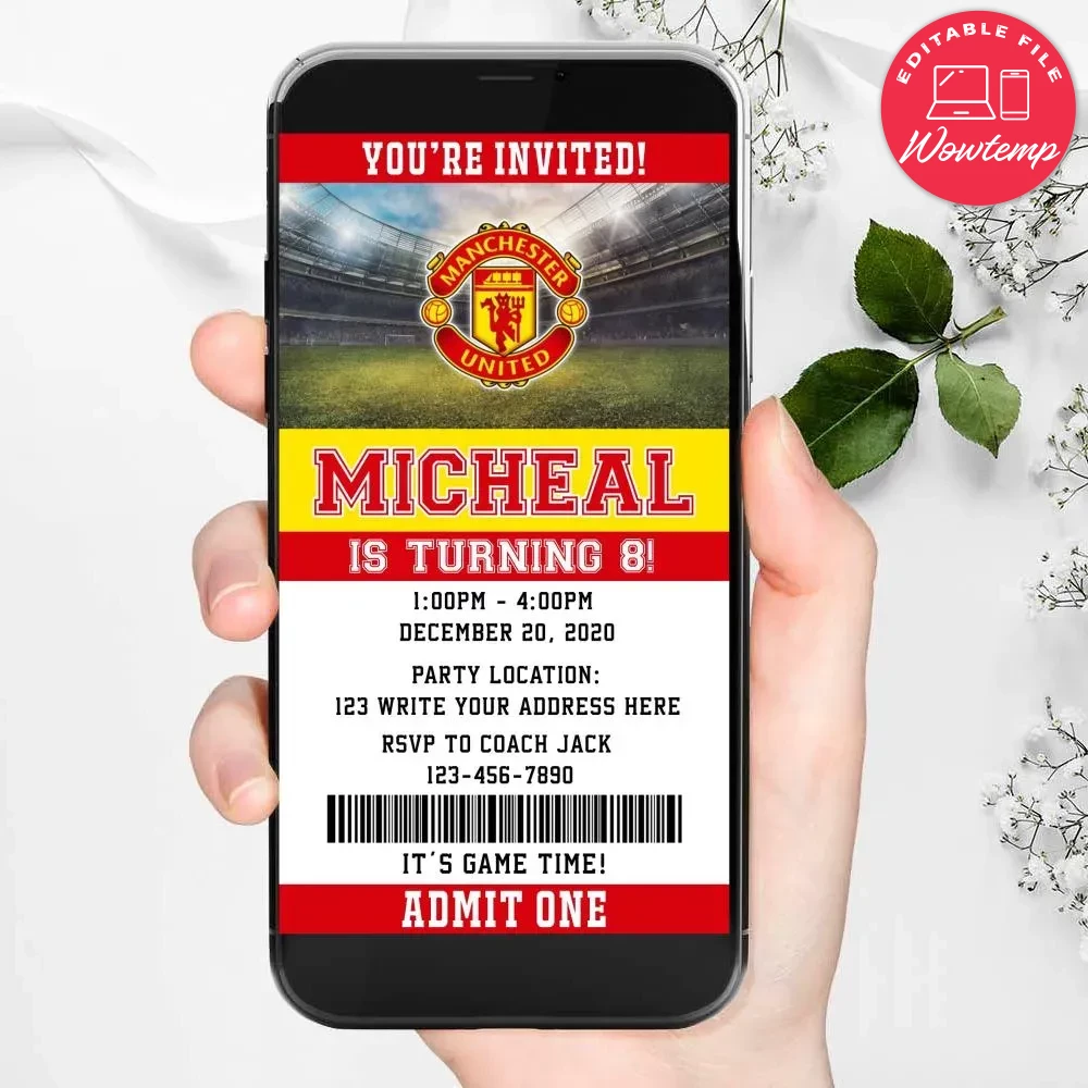 Electronic Manchester United Birthday Invitation Instant Download | Wowtemp