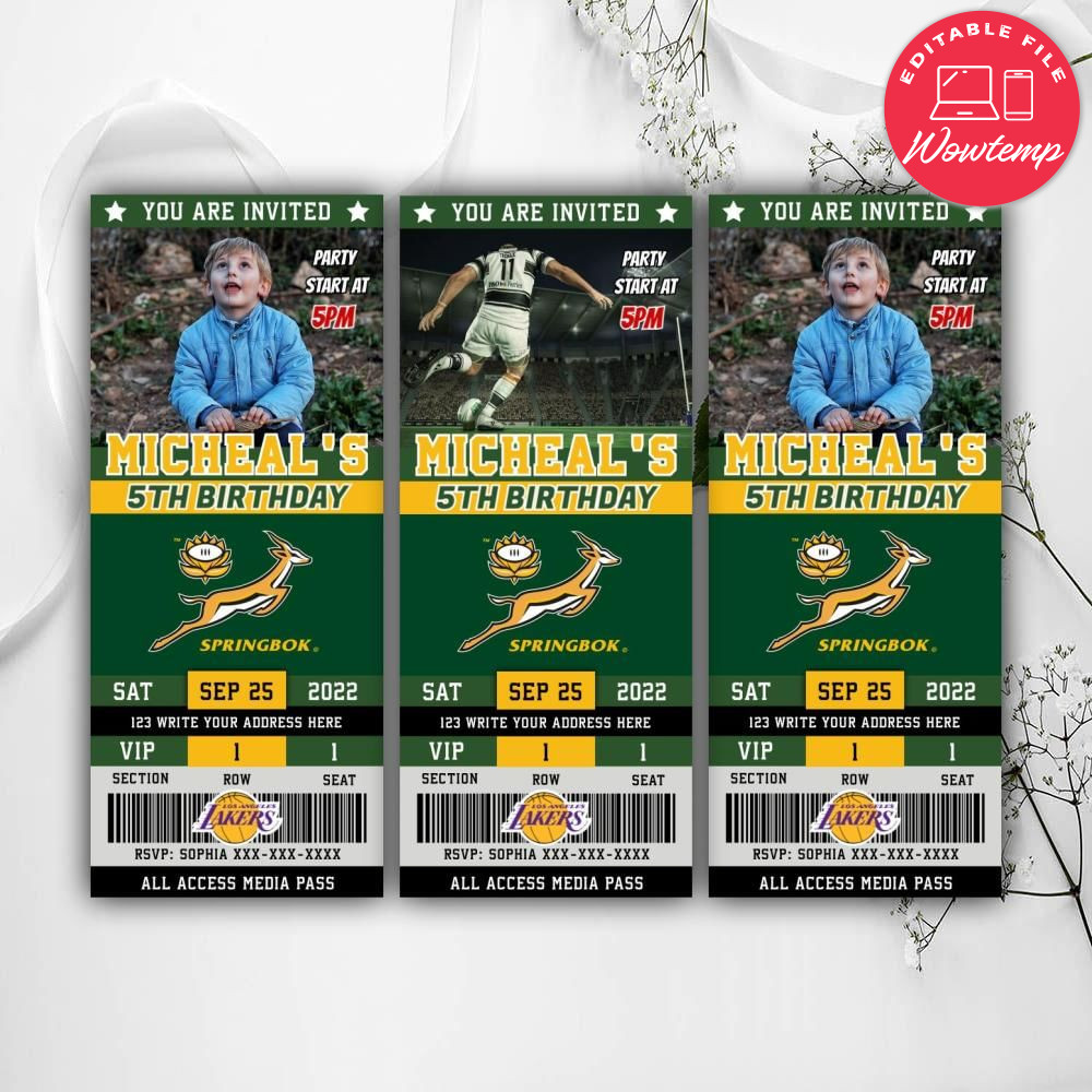 Springbok Rugby Ticket Birthday Editable Template DIY | Wowtemp