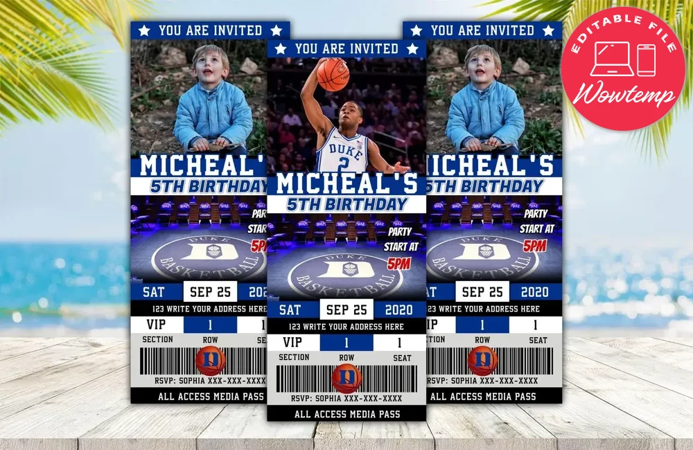 Editable Blue Devils Duke Birthday Ticket Invitations DIY | Wowtemp