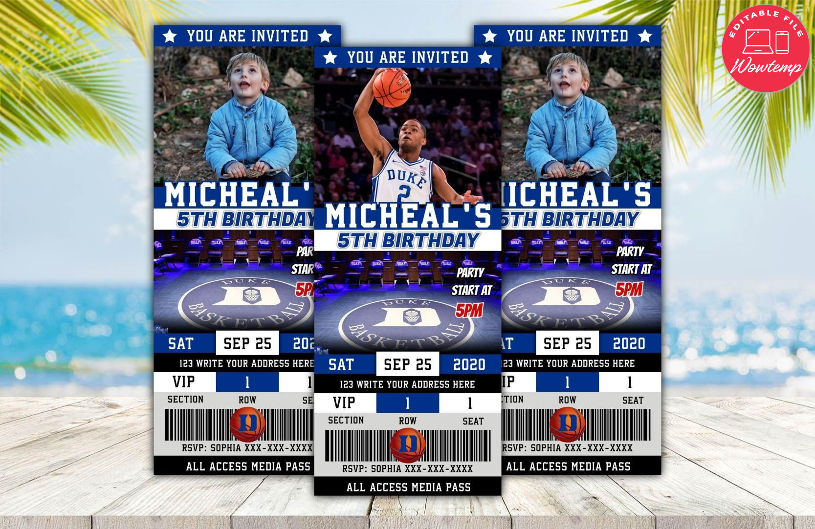Editable Blue Devils Duke Birthday Ticket Invitations DIY | Wowtemp