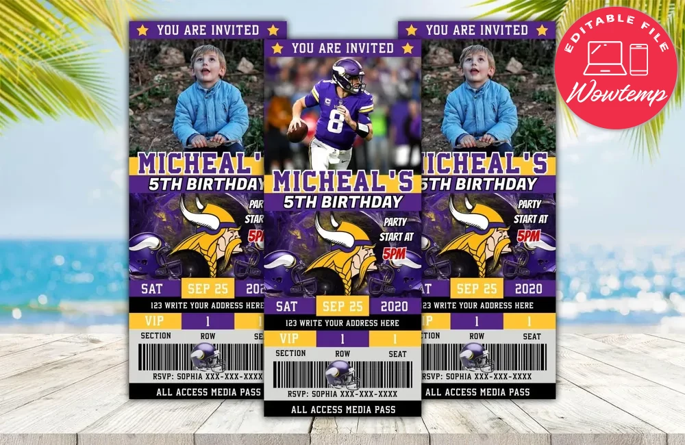Editable Minnesota Vikings Birthday Ticket Invitation DIY | Wowtemp