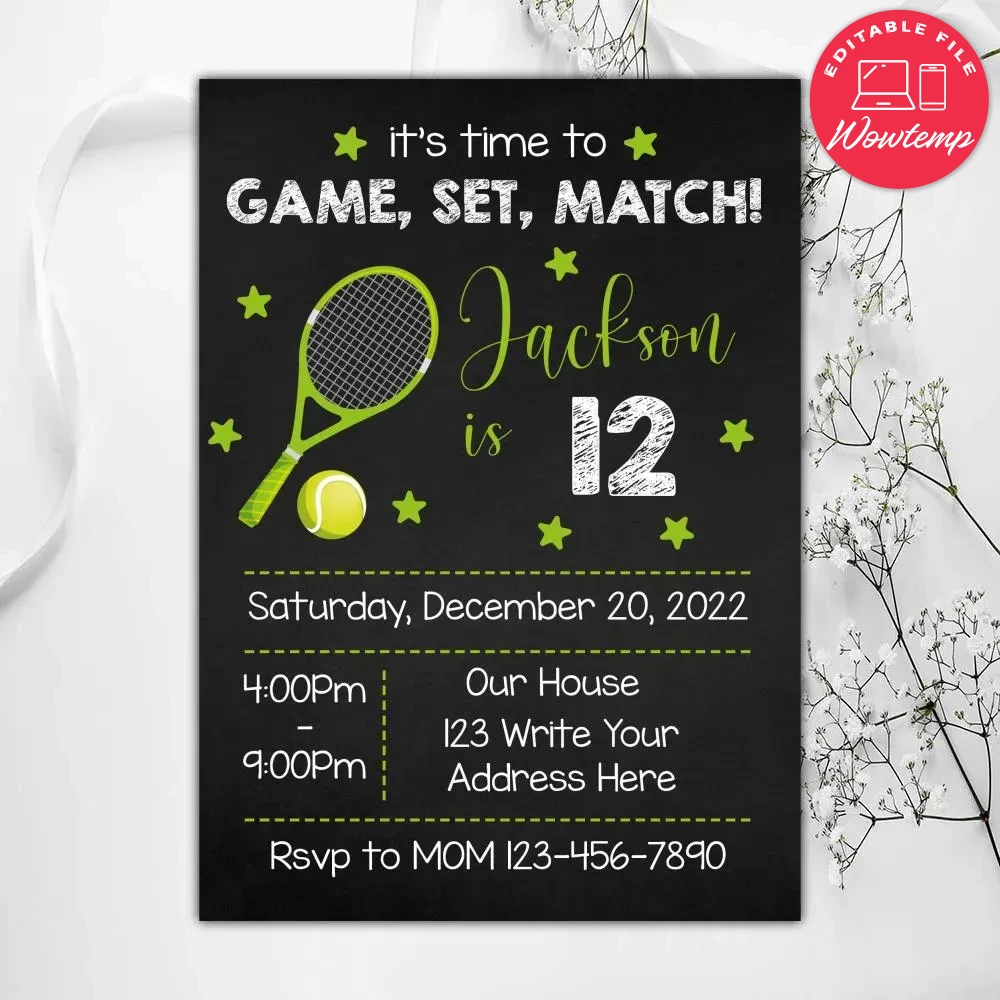 Tennis Birthday Party Invitation Instant Download | Wowtemp