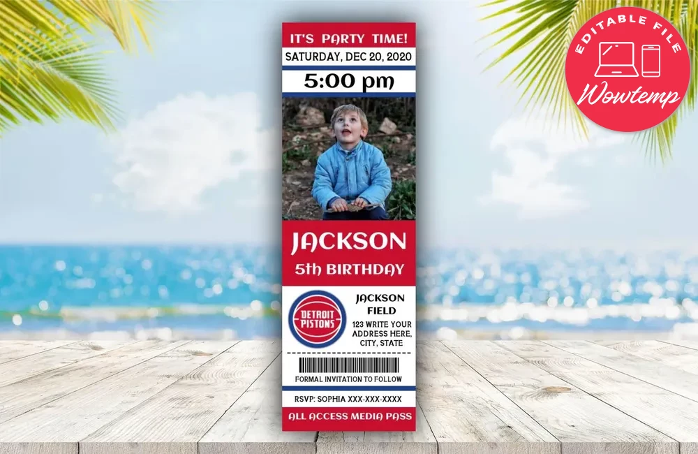 Detroit Pistons Birthday Ticket With Photo Invitation DIY | Wowtemp