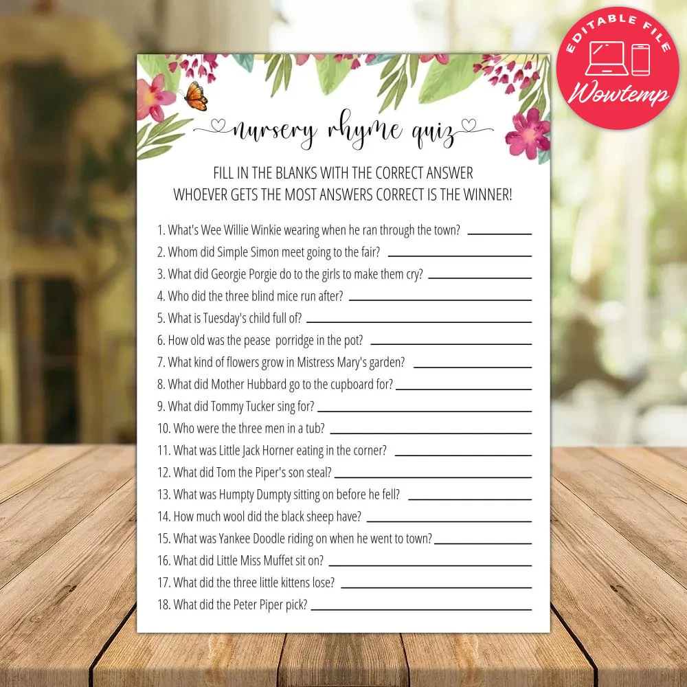 Floral Nursery Rhyme Quiz Baby Shower Games Instant Download | Wowtemp