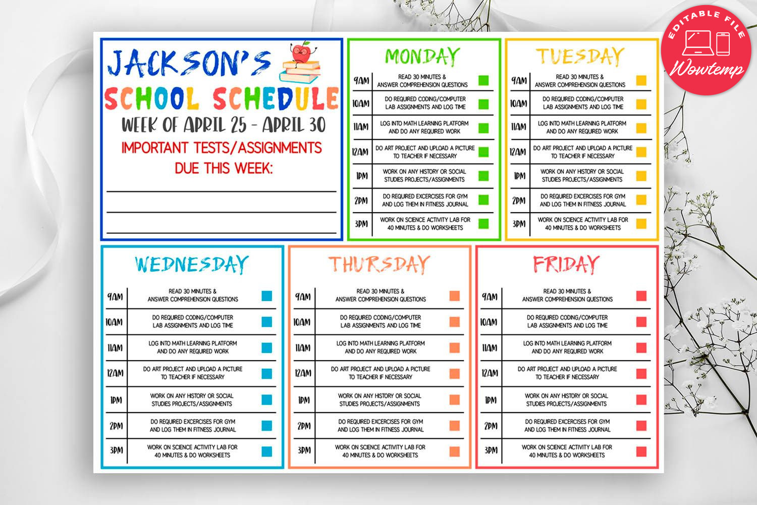 Editable Home School Schedule Daily Weekly Subject Checklist DIY | Wowtemp