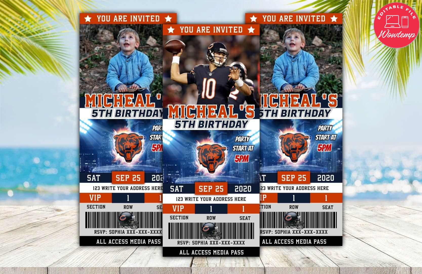 Editable Chicago Bears Birthday Ticket Invitations DIY | Wowtemp