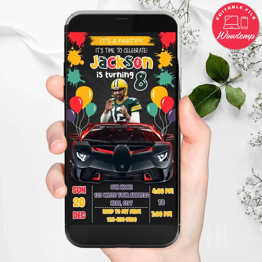 Mobile Aaron Rodgers Green Bay Packers Drive By Birthday Invite | Wowtemp