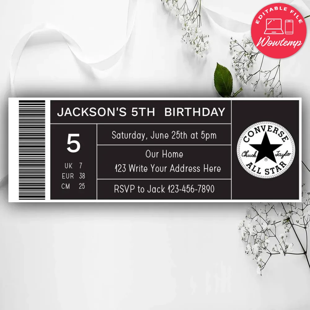 Converse Shoe Box Label Ticket Birthday Invitation DIY | Wowtemp