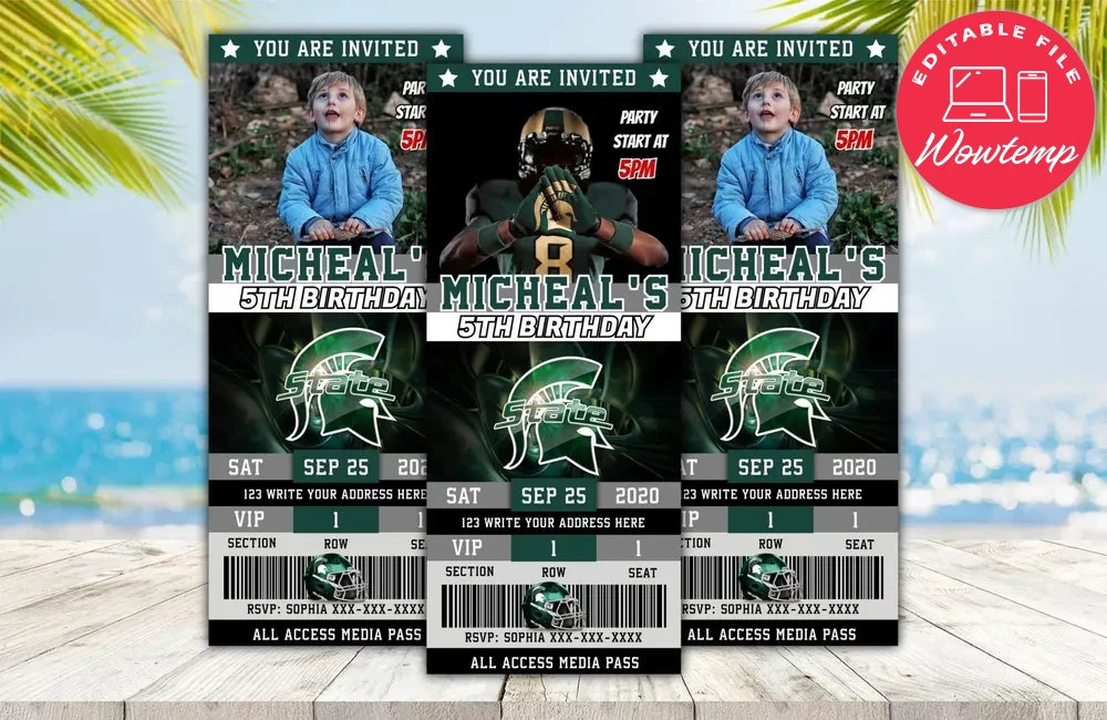 Editable Michigan State Spartans Birthday Ticket Invitations DIY | Wowtemp