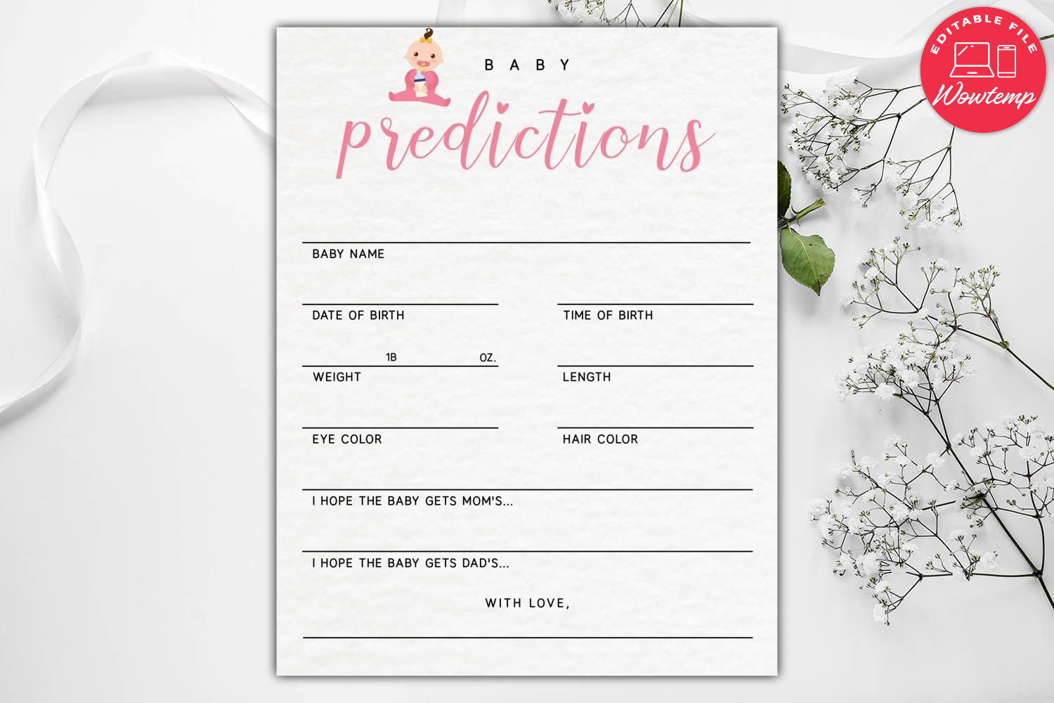 Editable Baby Predictions Baby Girl Baby Shower Cards DIY | Wowtemp