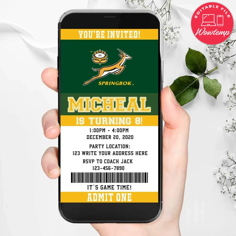 Springbok rugby Mobile Invite Customizable Template DIY | Wowtemp