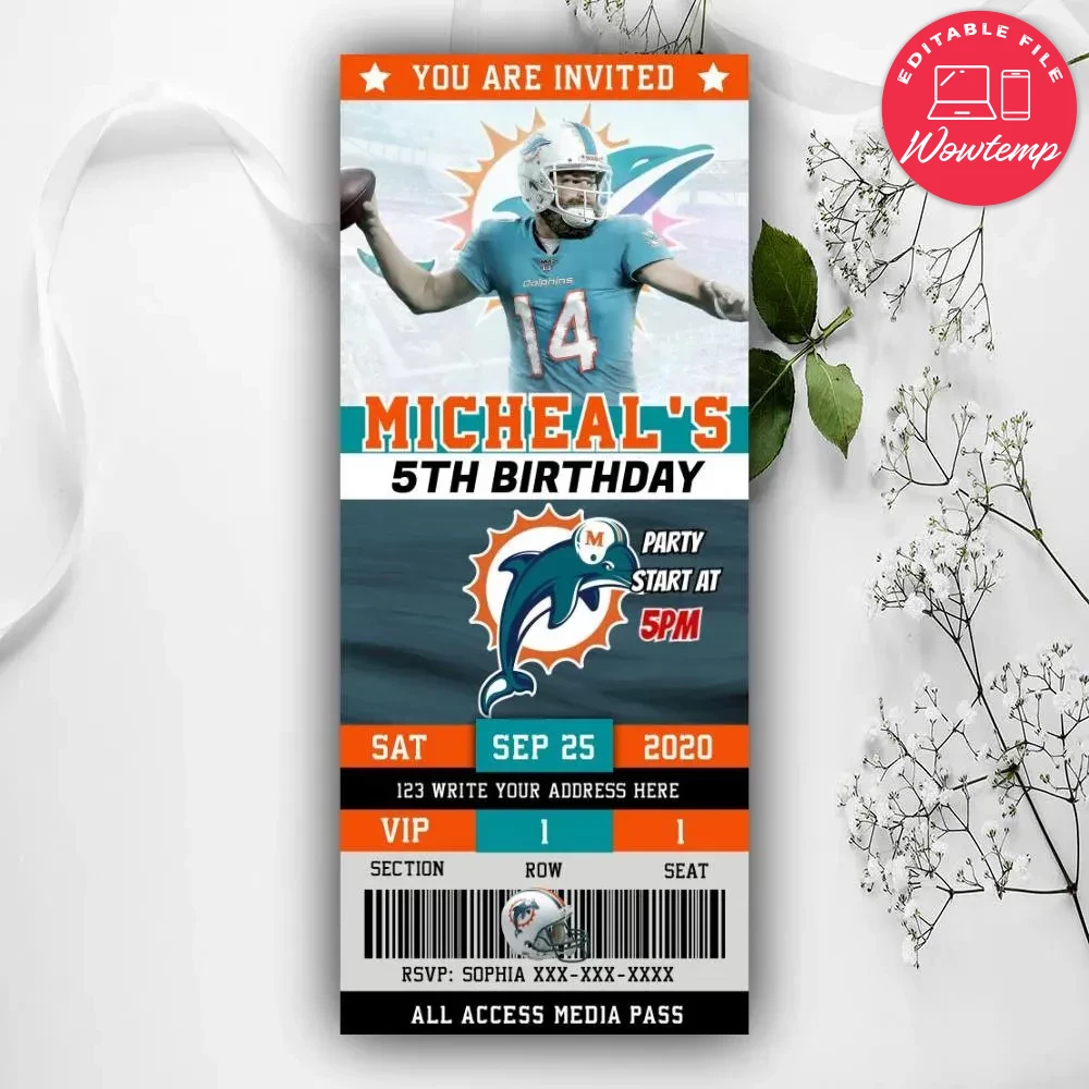 Miami Dolphins Birthday Ticket Invitations Instant Download | Wowtemp