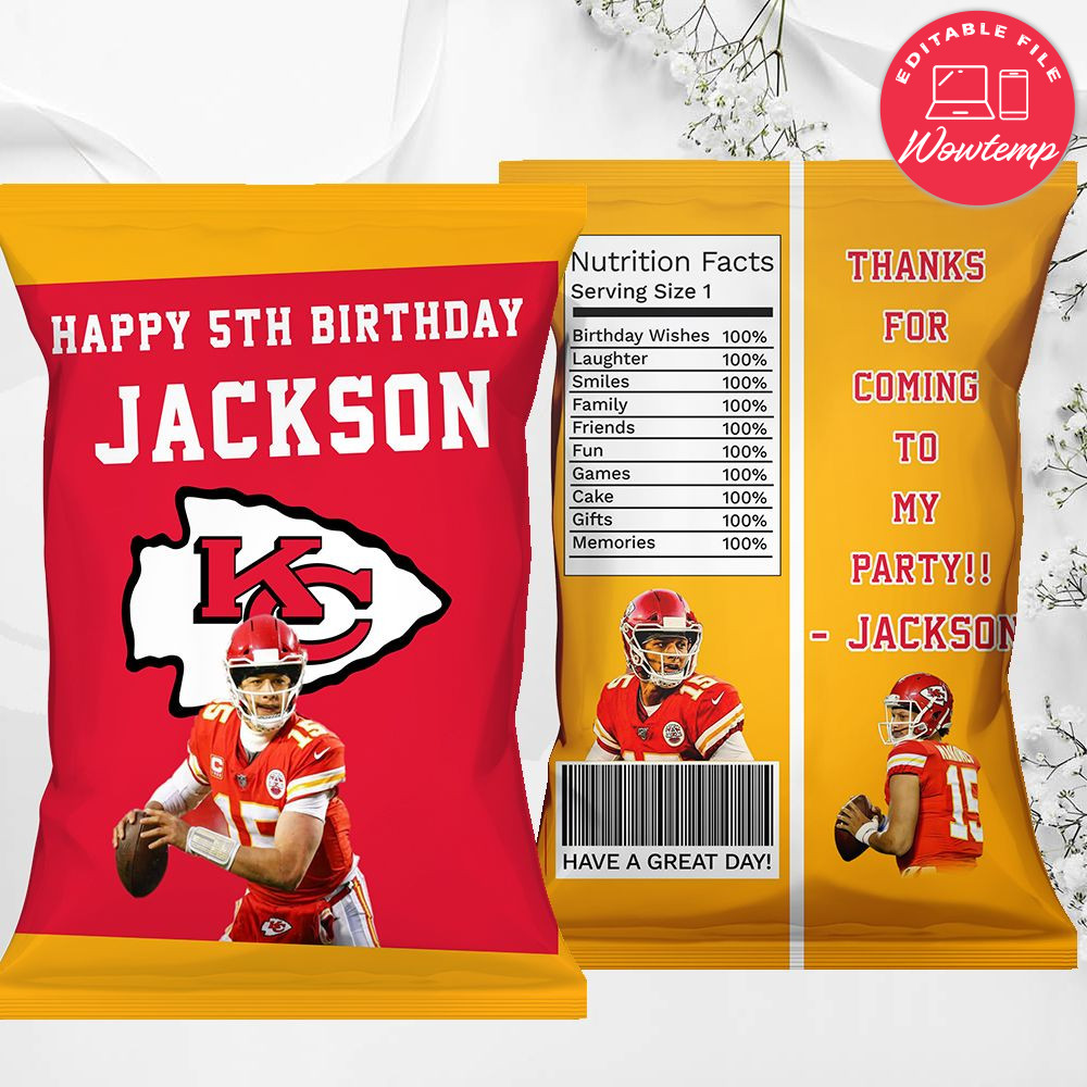 Printable Patrick Mahomes Birthday Chip Bags Instant Download | Wowtemp