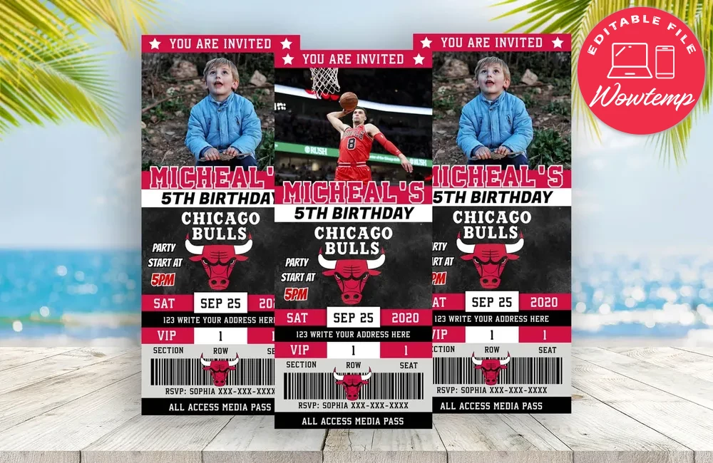 Chicago Bulls Ticket Birthday Editable Templates Instant Download | Wowtemp