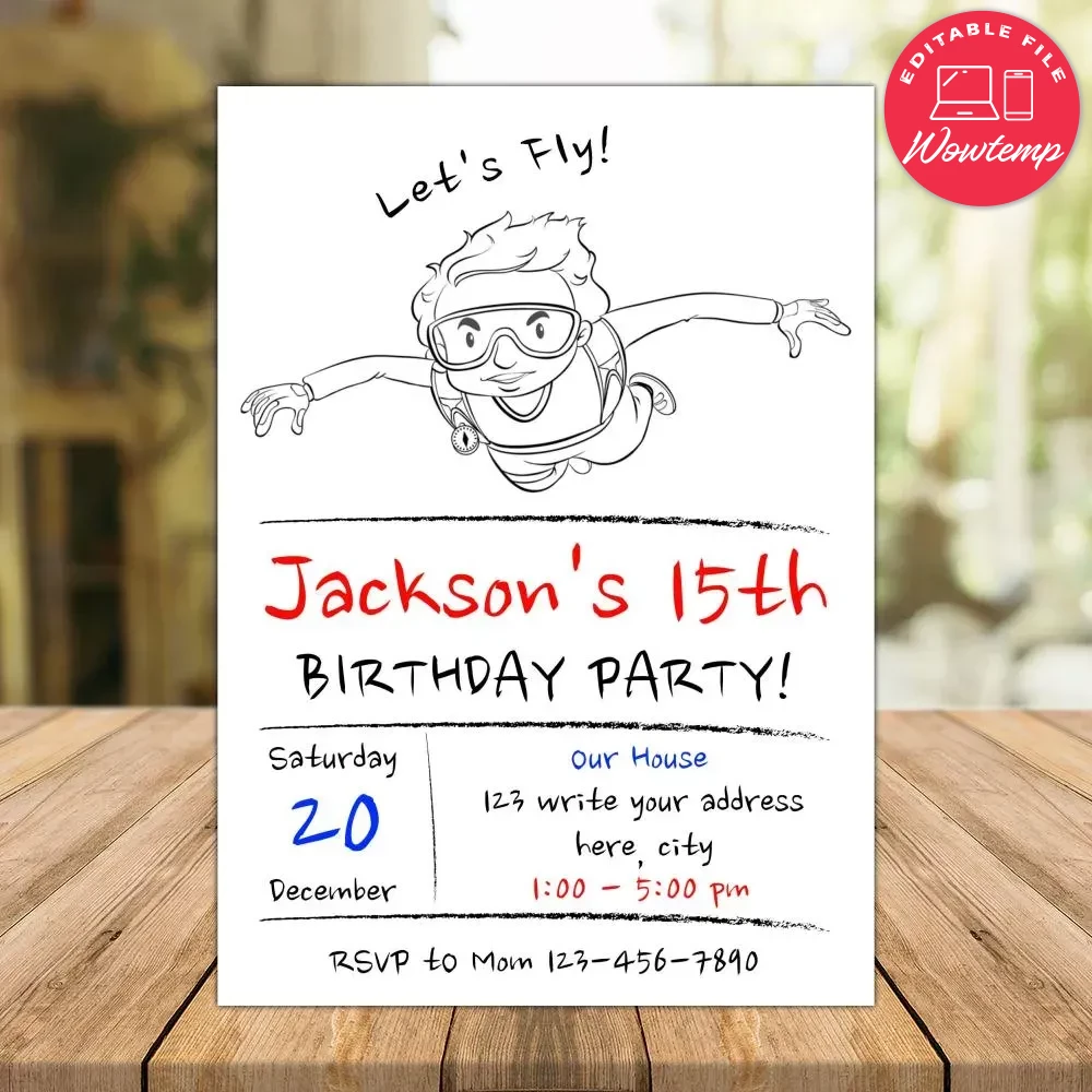 Skydiving Birthday Invitation, iFly Birthday Invitation DIY | Wowtemp