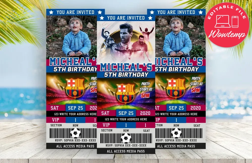 Editable Lionel Messi Barcelona FC Party Ticket Invitation | Wowtemp