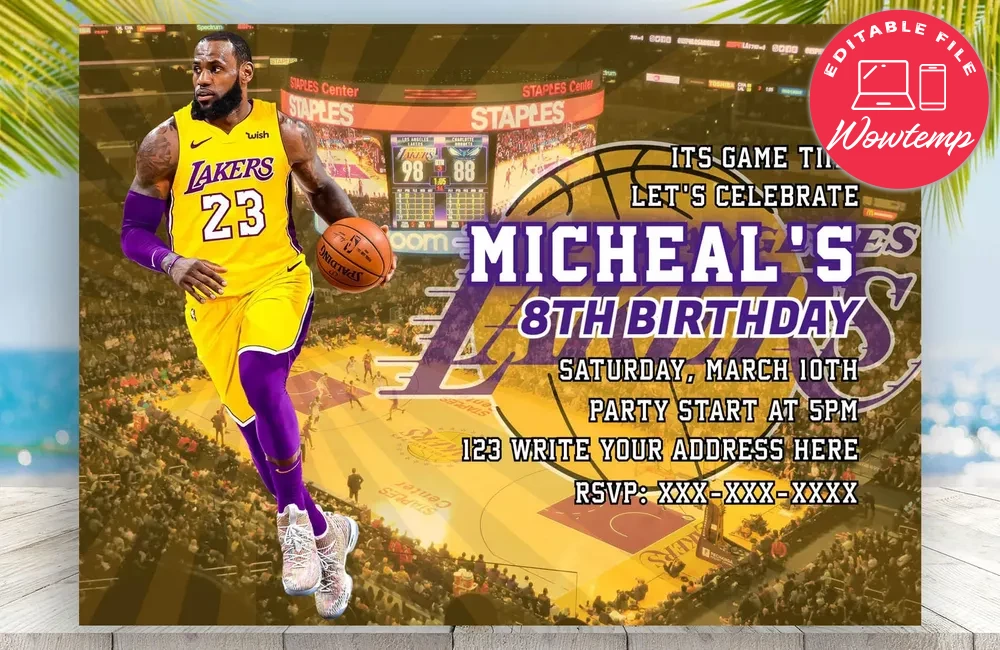 Editable Los Angeles Lakers Digital Party Invitation Invite | Wowtemp