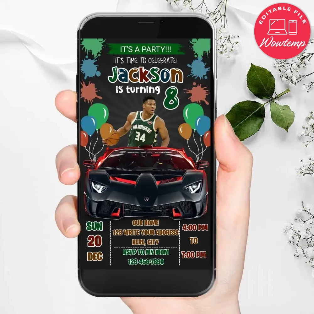 Mobile Giannis Antetokounmpo Milwaukee Bucks Birthday Invitation | Wowtemp