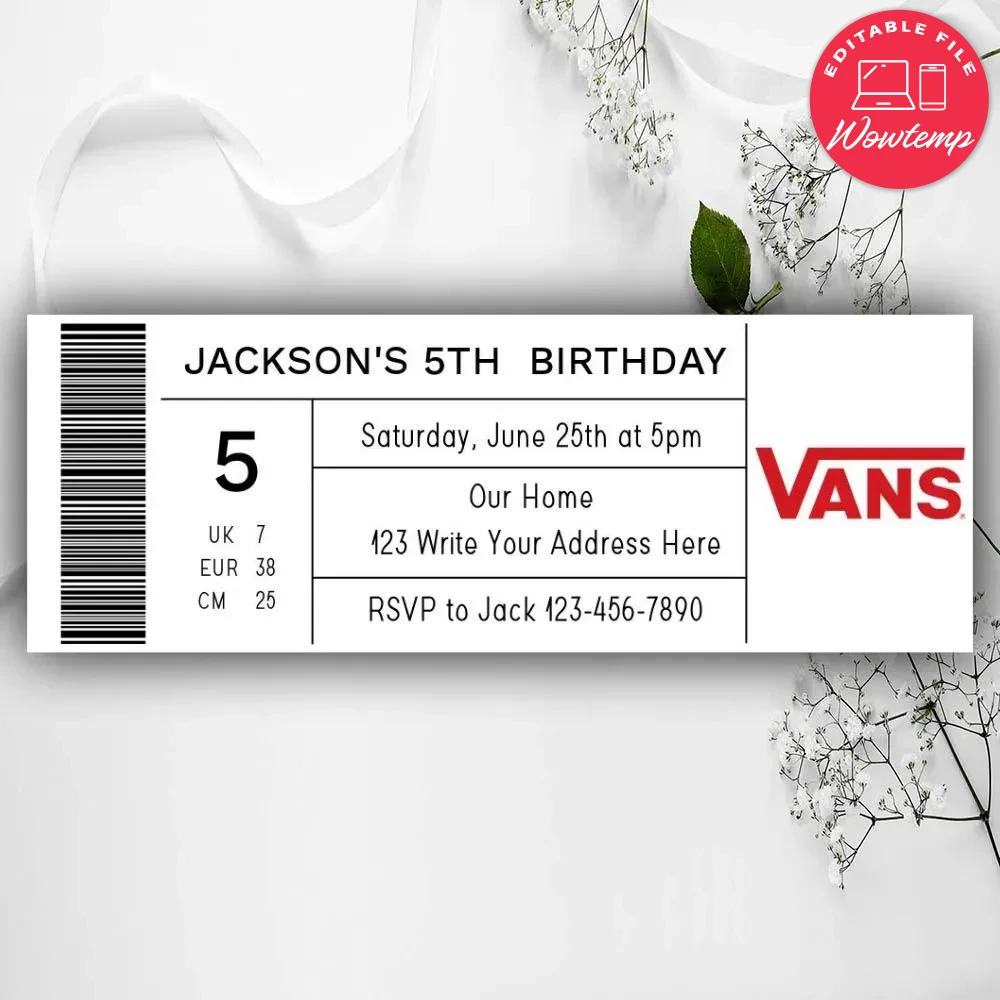 Vans Shoe Box Label Birthday Ticket Invitations Instant Download | Wowtemp