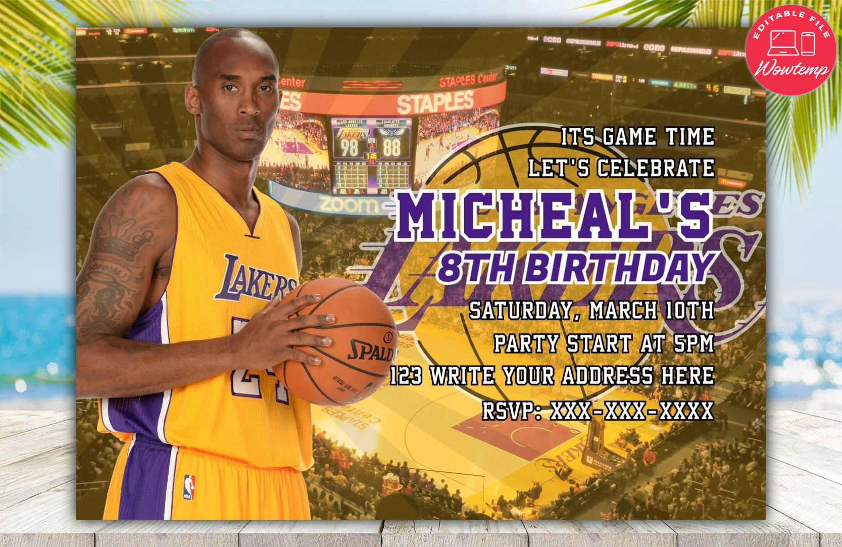 Editable Kobe Bryant Los Angeles Lakers Digital Party Invitations | Wowtemp