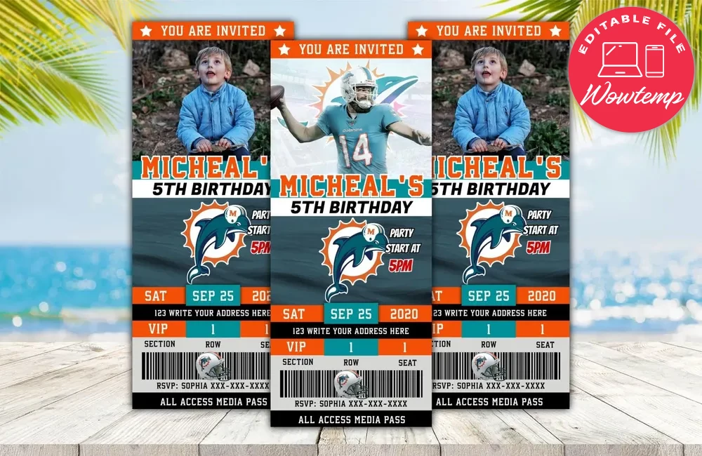 Editable Miami Dolphins Birthday Ticket Invitations DIY | Wowtemp