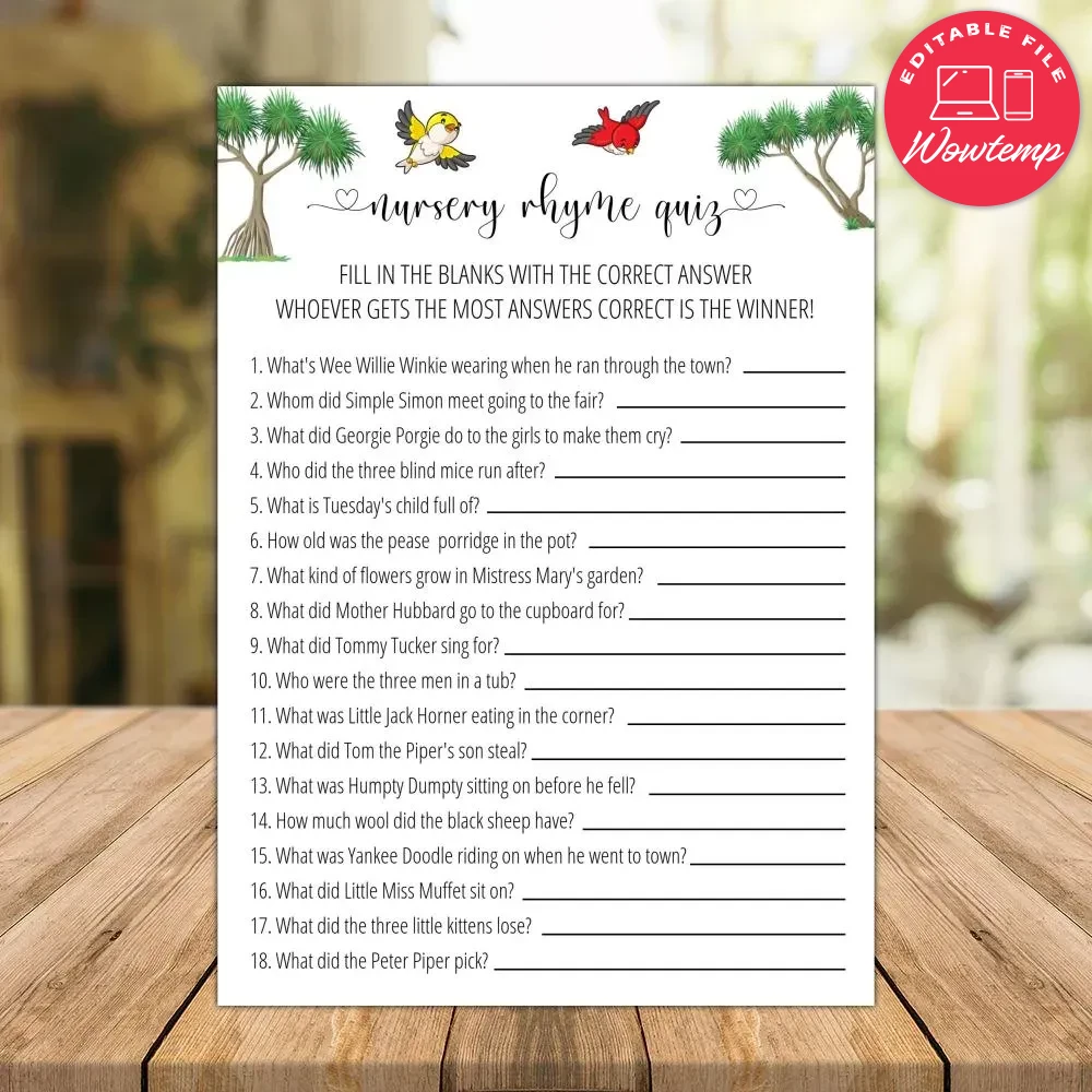 Bird Nursery Rhyme Quiz Baby Shower Games Instant Download | Wowtemp