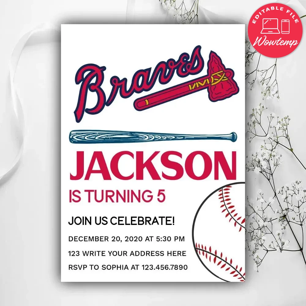 Printable Atlanta Braves Birthday Invitation Instant Download | Wowtemp