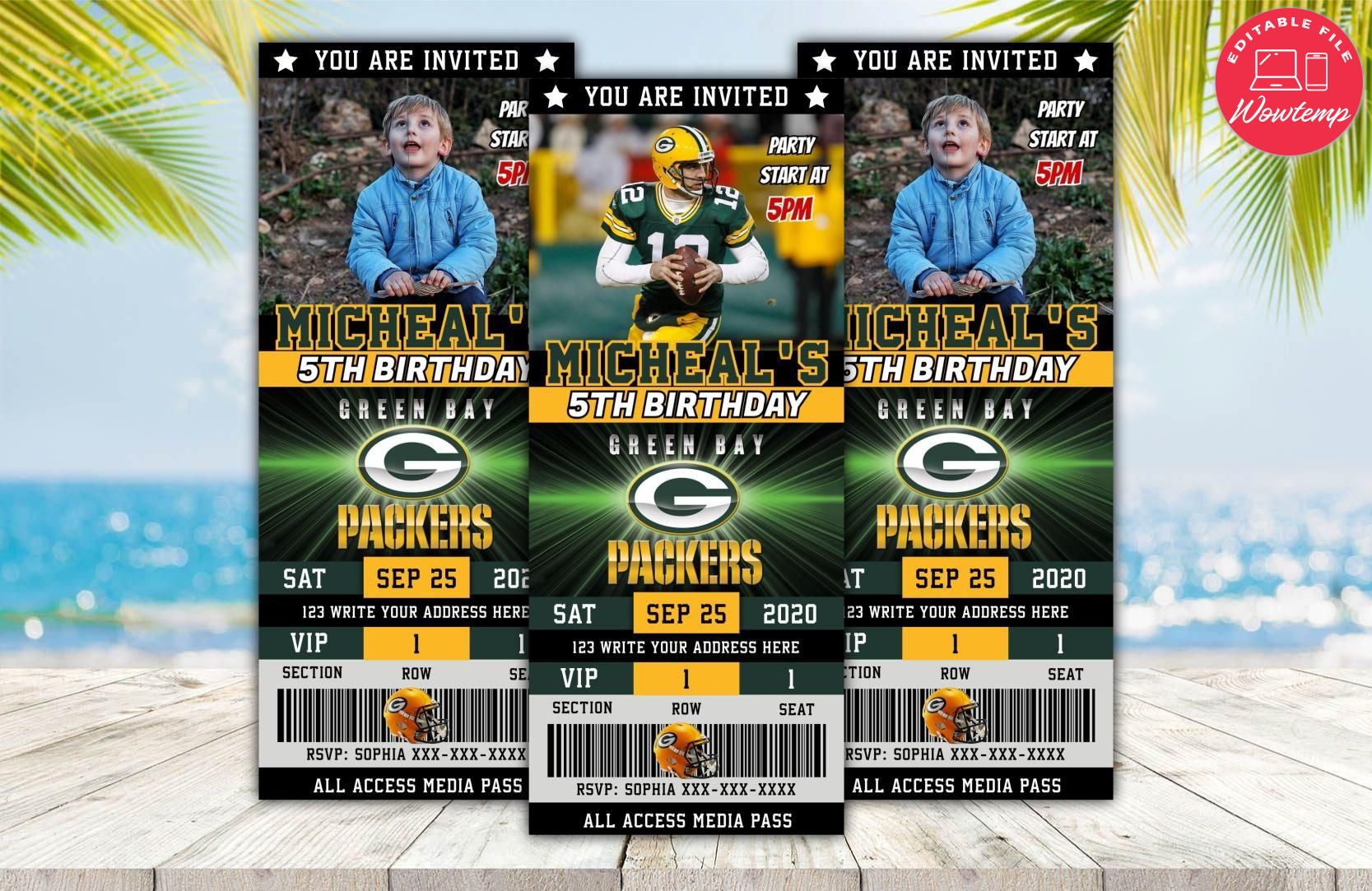 Green Bay Packers Ticket Birthday Editable Templates DIY | Wowtemp