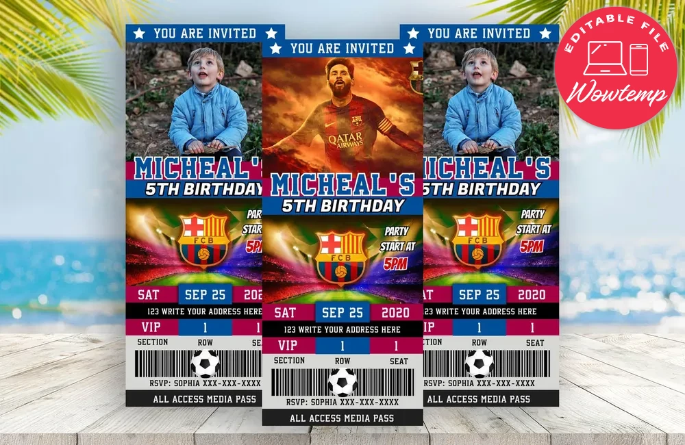 Editable Lionel Messi Barcelona FC Party Ticket Invitations | Wowtemp