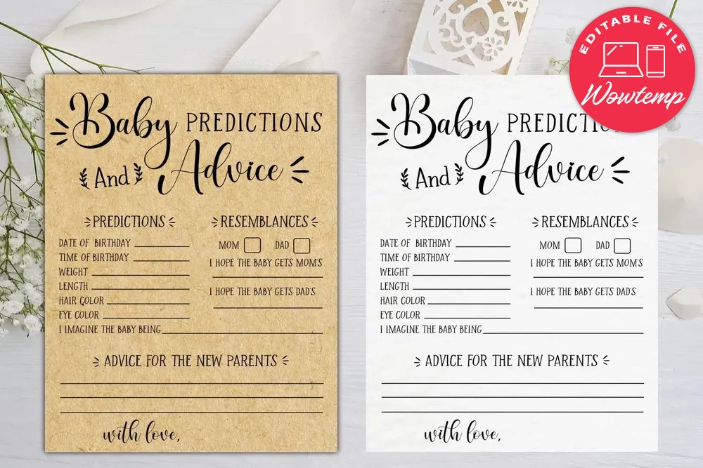 Editable Baby Predictions and Advice Cards Shower Game DIY | Wowtemp