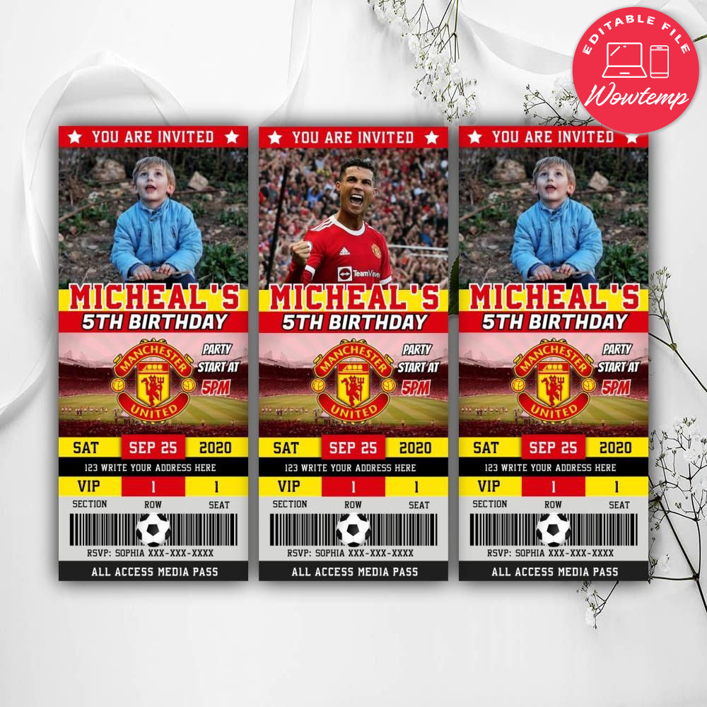 Manchester United Birthday Ticket Invitation Instant Download | Wowtemp