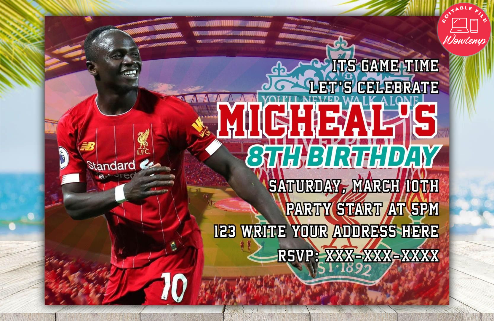 Editable Sadio Mane Liverpool FC Party Invitation DIY | Wowtemp