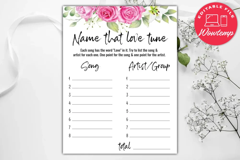 Editable Name That Love Song Bridal Shower Game Instant Download | Wowtemp