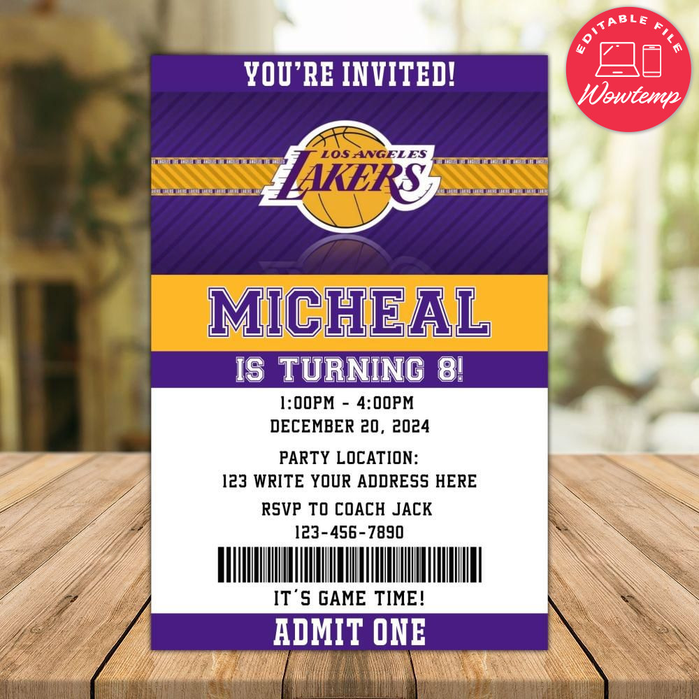 Los Angeles Lakers Birthday Invitation Instant Download | Wowtemp