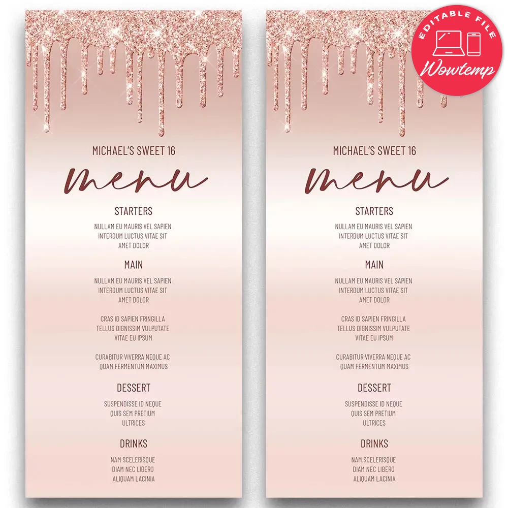 Dripping Rose Gold Menu Card Template to Print at Home DIY | Wowtemp