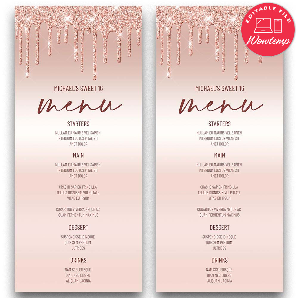 Dripping Rose Gold Menu Card Template to Print at Home DIY | Wowtemp