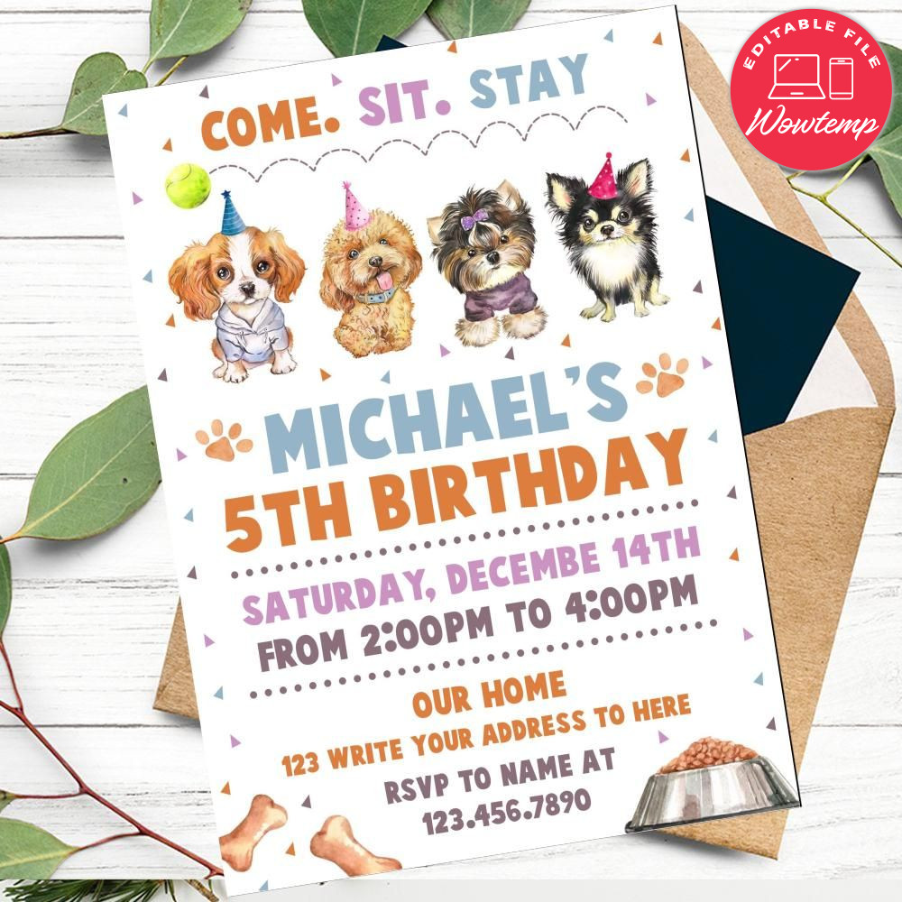 Come sit stay Invitation Customizable Template DIY | Wowtemp