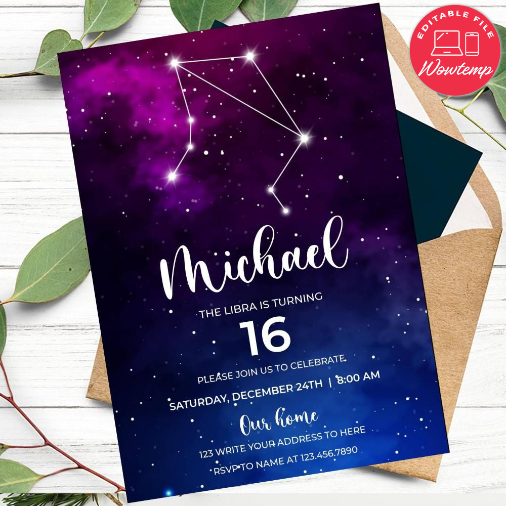 Libra Zodiac Birthday Invitation Customizable Template DIY | Wowtemp
